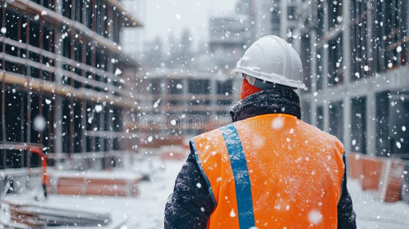 Despite the Heavy Snowfall, a Construction Worker, Dressed in Safety ...