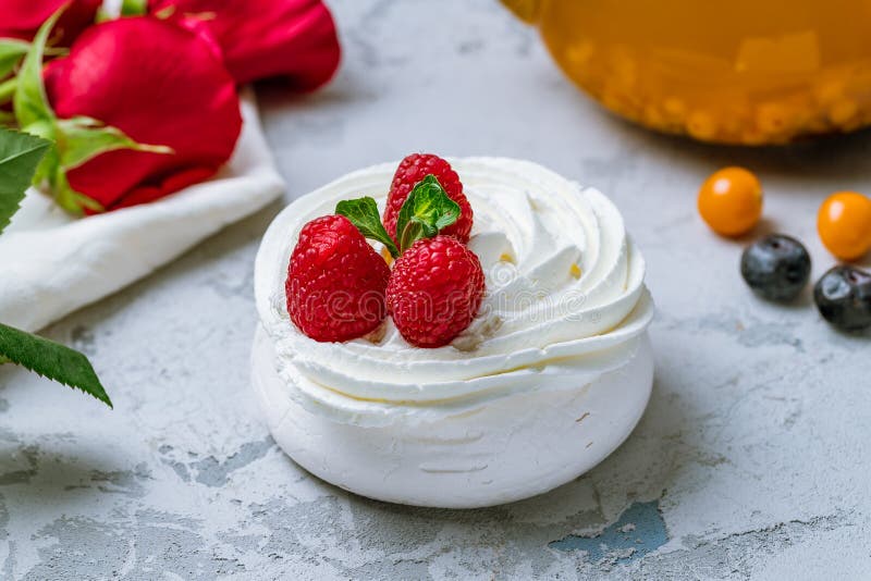 Dessert Anna Pavlova with Raspberries Stock Image - Image of selective ...