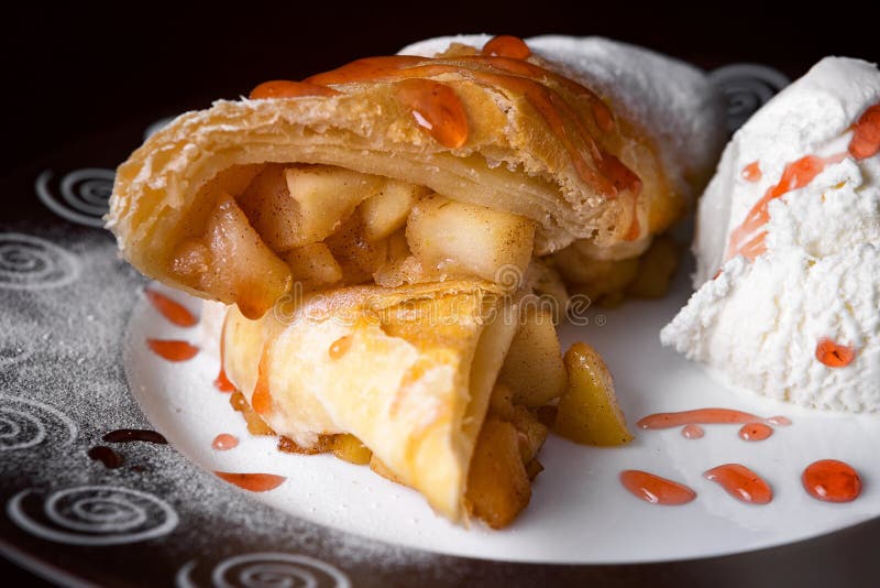 Baked Strudel with Apple, Jam and Ice Cream Stock Image - Image of ...