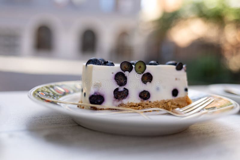 Dessert with Blueberries on a Cafe Terrace in Summer Stock Photo ...