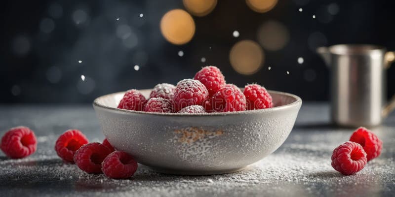 Dessert Bowl with Raspberries and Powdered Sugar in Sparkling Light ...