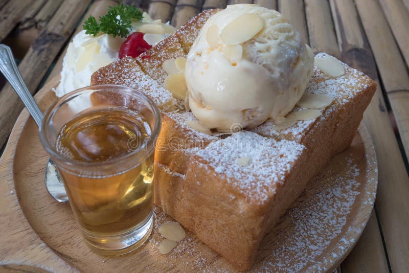 Dessert Bread Honey Santos Vanilla Ice Cream with Whip Cream and Honey ...