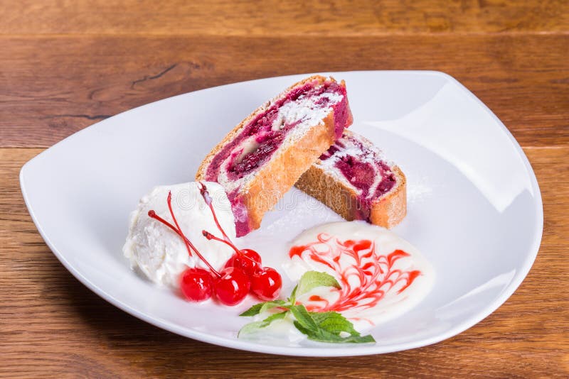 Dessert. Cherry Pie with Ice-cream and Cherry Stock Photo - Image of ...