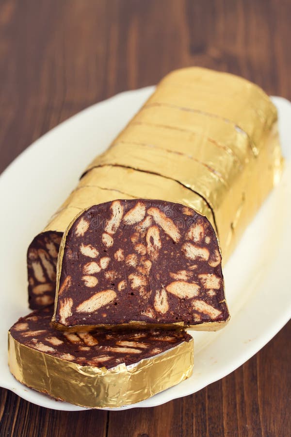 Dessert Chocolate Salami on Dish Stock Photo - Image of sweet, salami ...