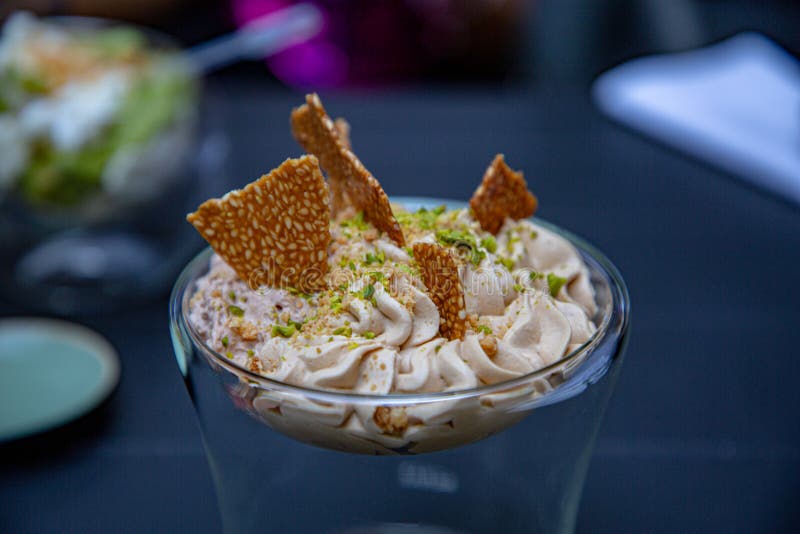Dessert. Cream with Sesame Chips Stock Image - Image of glass ...