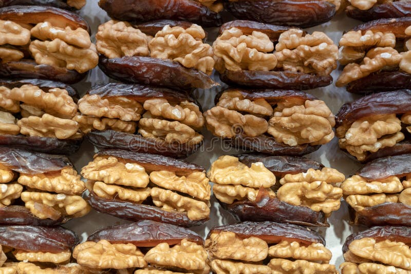 Dessert Dates Stuffed with Nuts. Top View Blur Textures Soft Focus ...