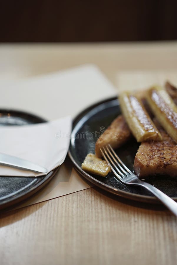 Dessert Dish Dining Menu with Fork Tissue on Brown Wooden Table in ...