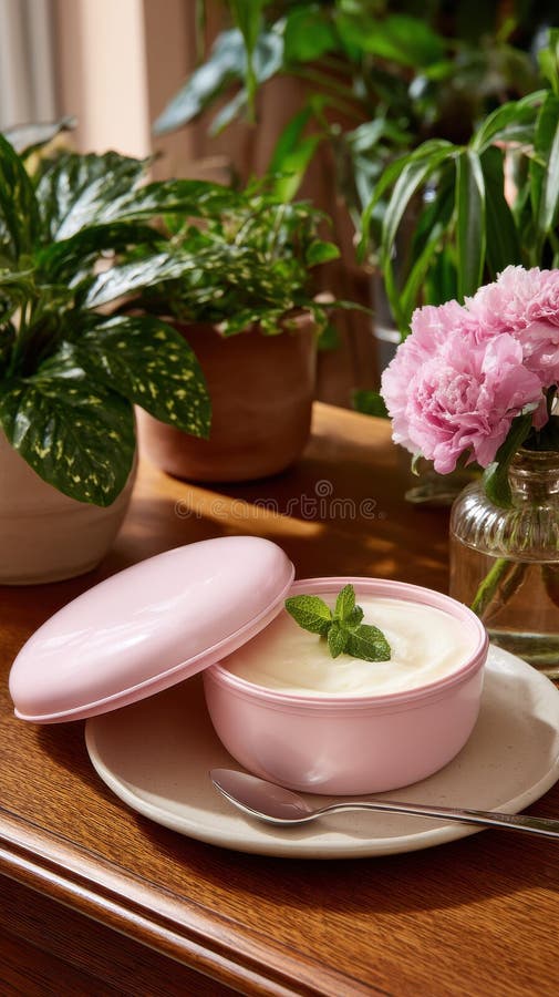 Dessert Dish Mint Flowers Wooden Table Home Setting Stock Photos - Free ...