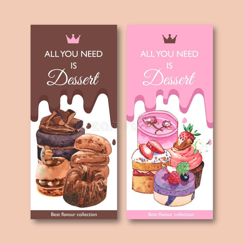 Dessert Flyer Design with Chocolate Cake, Cupcake Watercolor ...