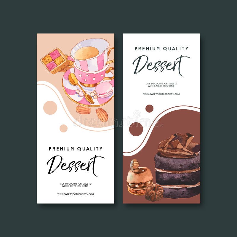 Dessert Flyer Design with Chocolate Cake, Macarons, Cup Watercolor ...