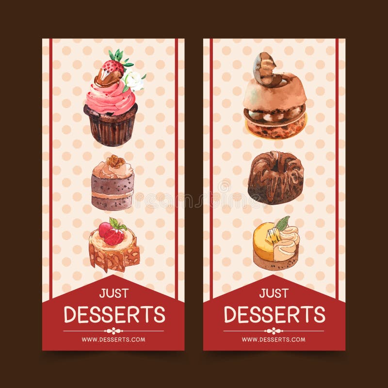 Dessert Flyer Design with Cupcake, Chocolate Cake Watercolor ...