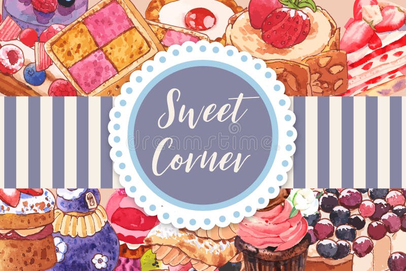 Dessert Frame Design with Cake Puffs, Cupcake, Pie Watercolor ...