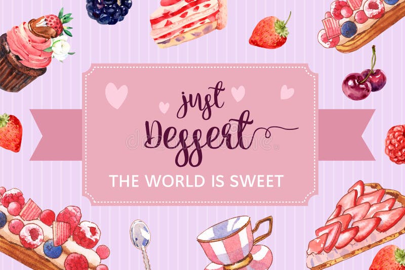 Dessert Frame Design with Cupcake, Berries Tart, Bread Watercolor ...