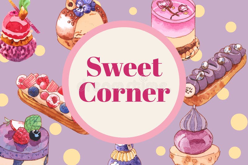 Dessert Frame Design with Cupcake, Bread, Creative Element Watercolor ...