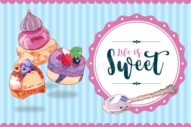 Dessert Frame Design with Cupcake, Cheesecake Watercolor Illustration ...