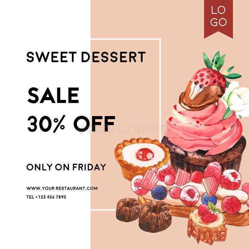 Dessert Frame Design with Cupcake, Pie, Bread Watercolor Illustration ...