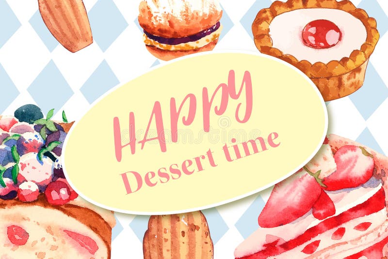 Dessert Frame Design with Pie, Strawberry Cake, Bread Watercolor ...