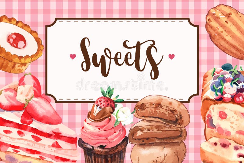 Dessert Frame Design with Pie, Strawberry Cake, Cookie Watercolor ...