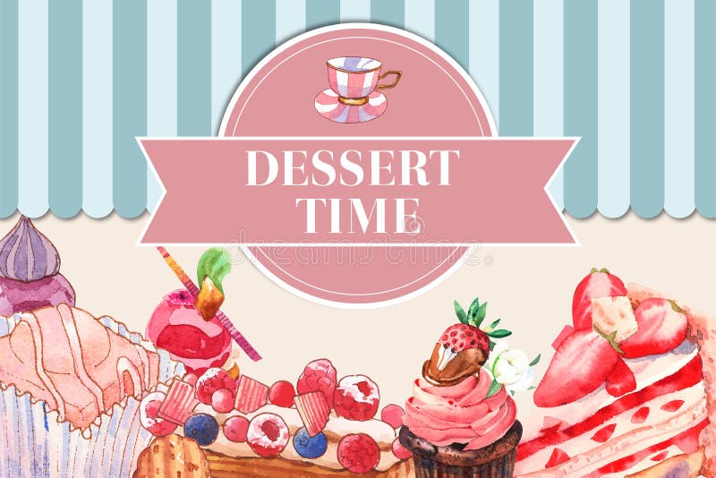 Dessert Frame Design with Strawberry Cake, Cupcake, Bread Watercolor ...