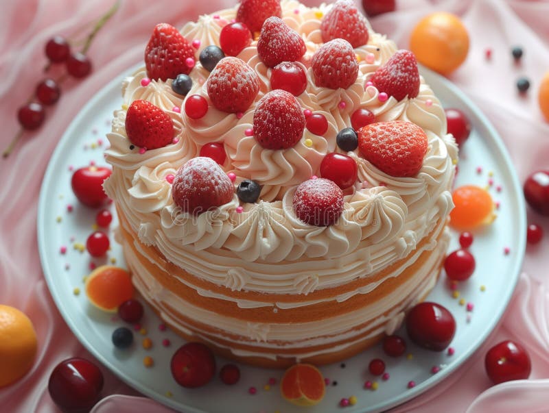 Dessert Fruit and Berry Vanilla Cake Stock Illustration - Illustration ...