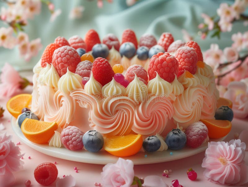 Dessert Fruit and Berry Vanilla Cake Stock Illustration - Illustration ...