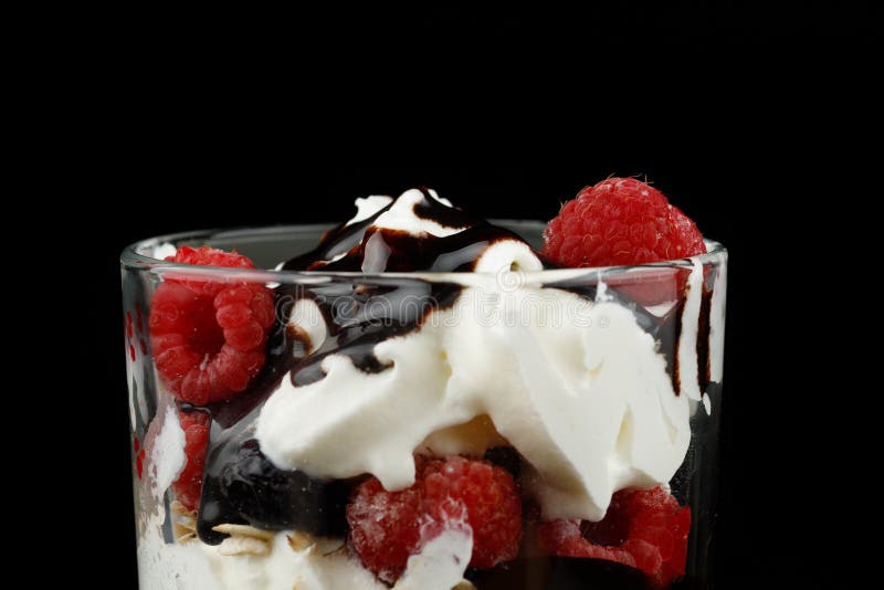 Dessert in Glass with Cream, Berries and Liquid Chocolate Stock Photo ...