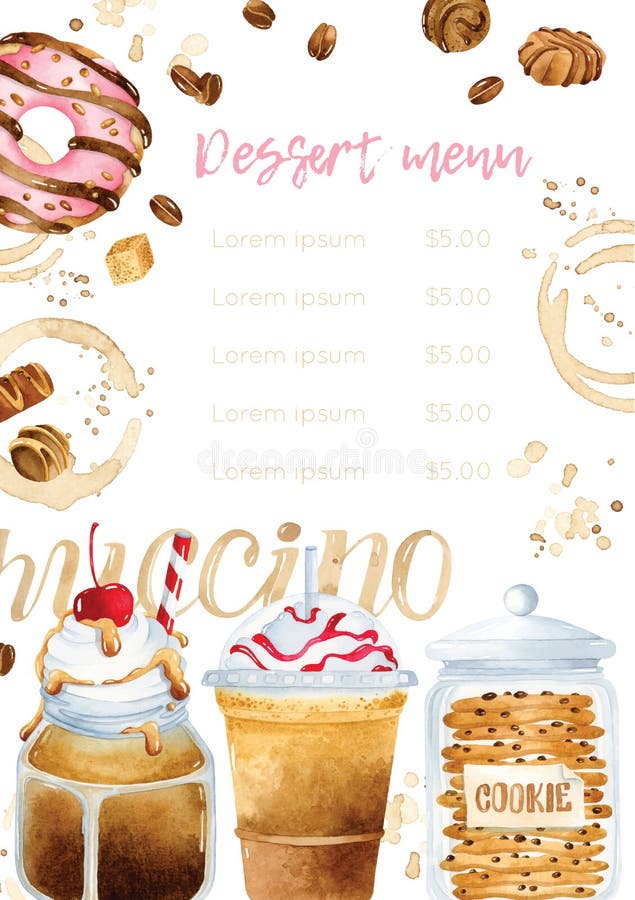 Dessert Menu Template with Watercolor Coffee Drinks and Cookie Jar ...