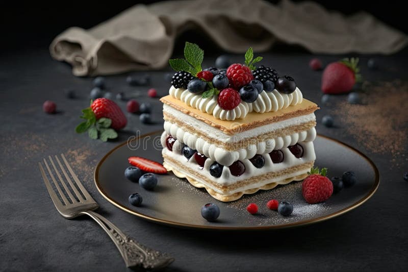 Dessert Napoleon Cake in Form of Rectangular Cake with Cream and ...