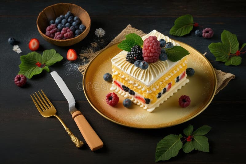 Dessert Napoleon Cake in Form of Rectangular Cake with Cream and ...
