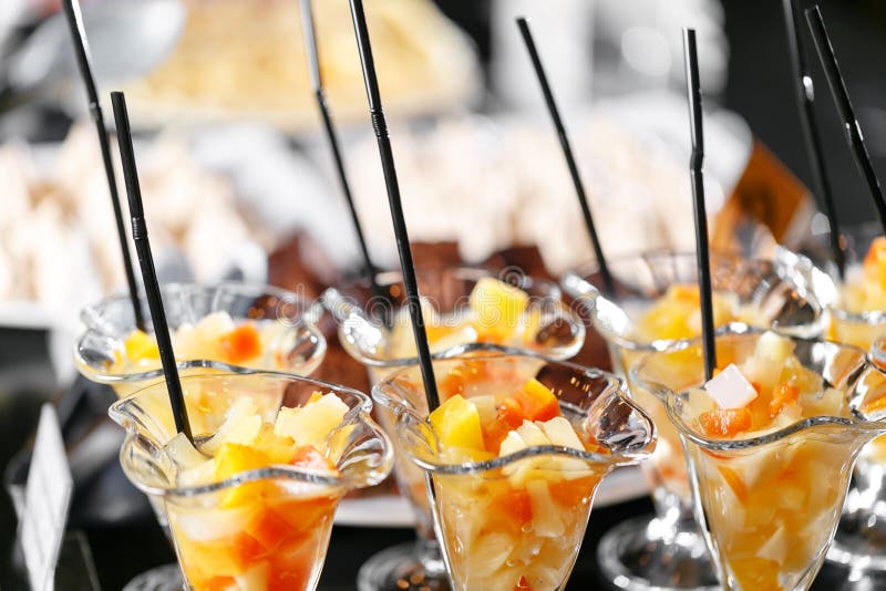 Dessert with Pieces of Fruit. Morning Hotel Breakfast Buffet Stock ...