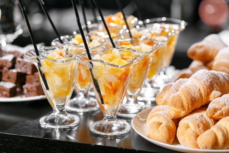 Dessert with Pieces of Fruit. Morning Hotel Breakfast Buffet Stock ...