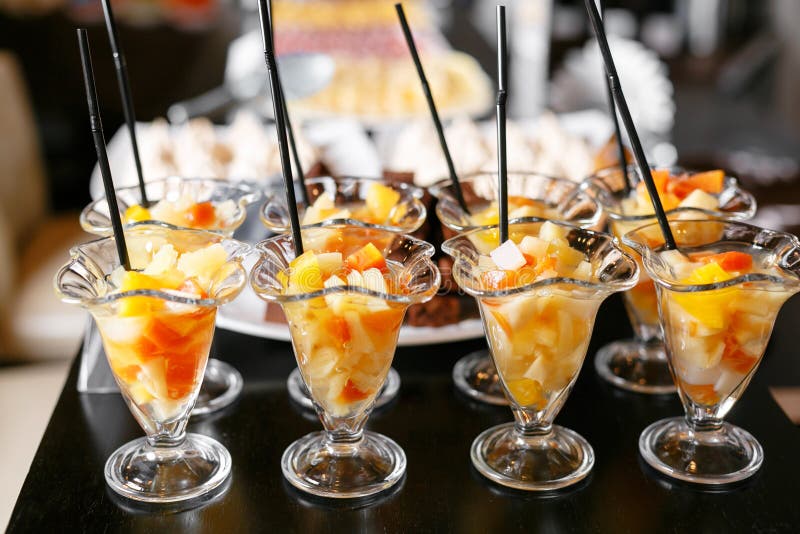 Dessert with Pieces of Fruit. Morning Hotel Breakfast Buffet Stock ...
