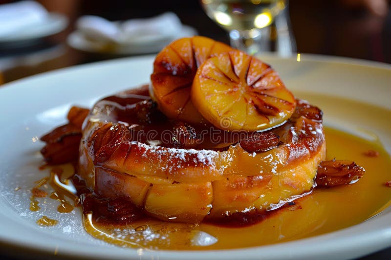 A Dessert on a Plate with Syrup and Fruit Stock Image - Image of pastry ...