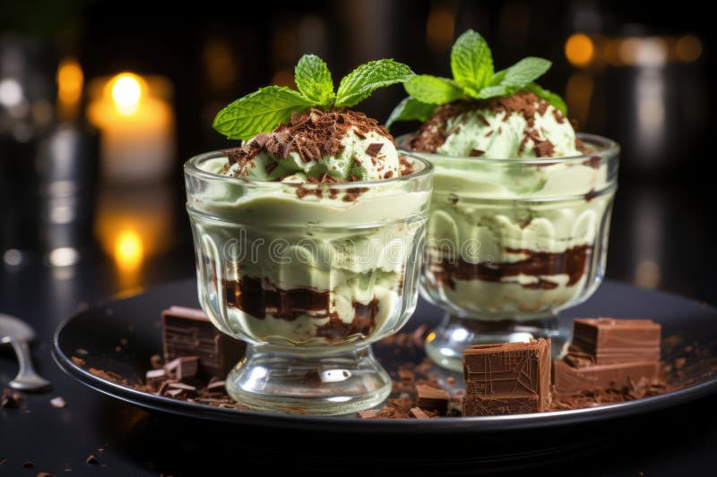 Dessert Pudding of Three Chocolates Decorated with Mint on a Light ...