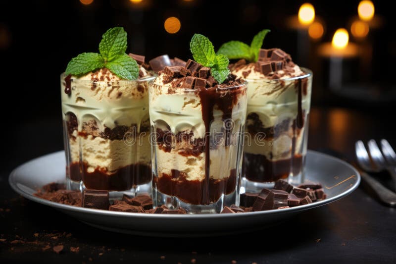 Dessert Pudding of Three Chocolates Decorated with Mint on a Light ...