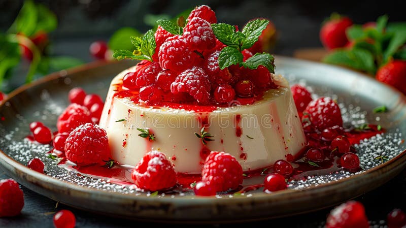 A Dessert with Raspberries and Cream on a Plate Stock Photo - Image of ...