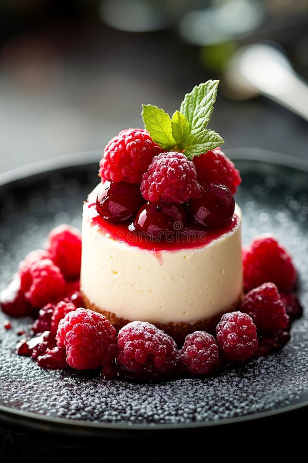 A Dessert with Raspberries on Top of it on a Black Plate Stock Photo ...