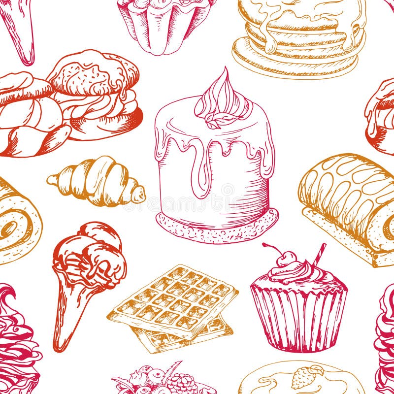 Dessert Seamless Pattern Sweet Background In Hand Drawn Style