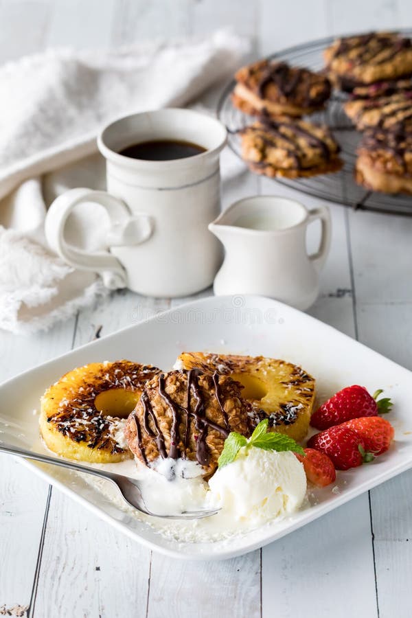 Dessert Serving Fried Pineapple Ice Cream Chocolate Lace Cookie Stock ...