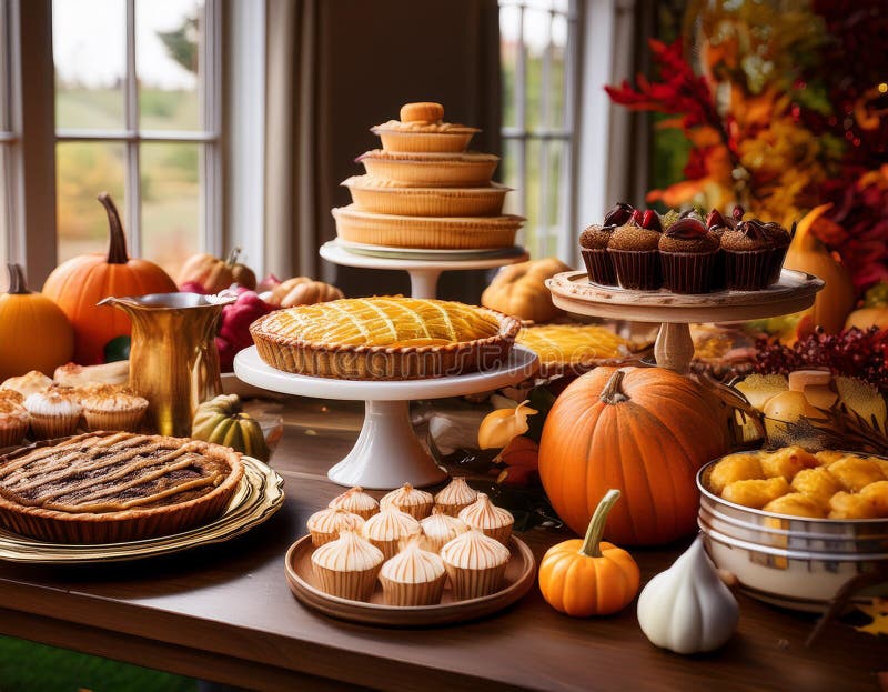 Dessert Table Featuring Pies, Cakes, and Fall-themed Sweets Stock ...