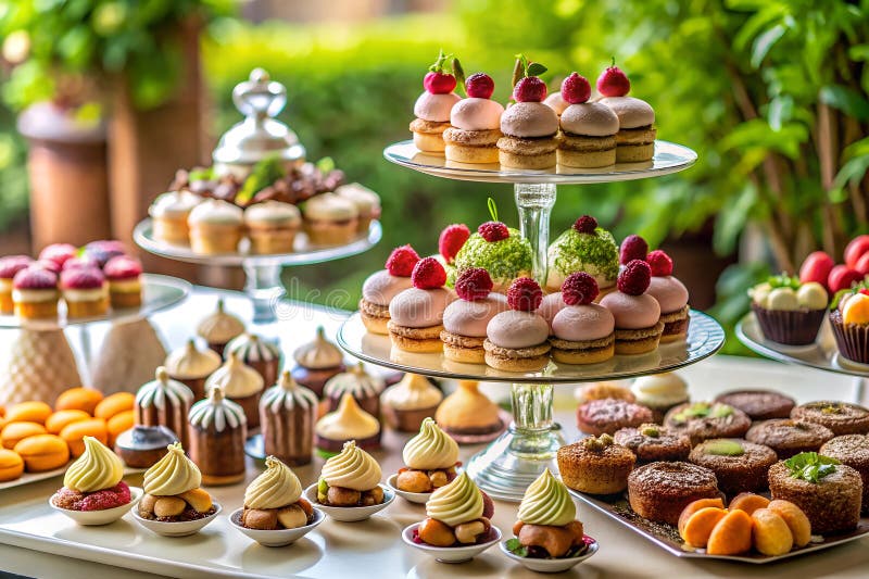 Dessert Table Featuring a Selection of Gourmet Pastries, Macarons, and ...