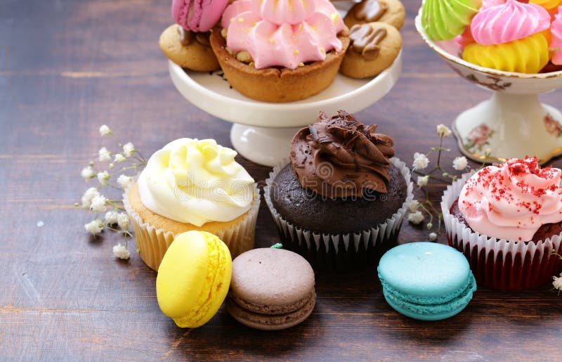 Dessert Table - Muffins, Biscuits, Macaroons, Capcakes Stock Photo ...