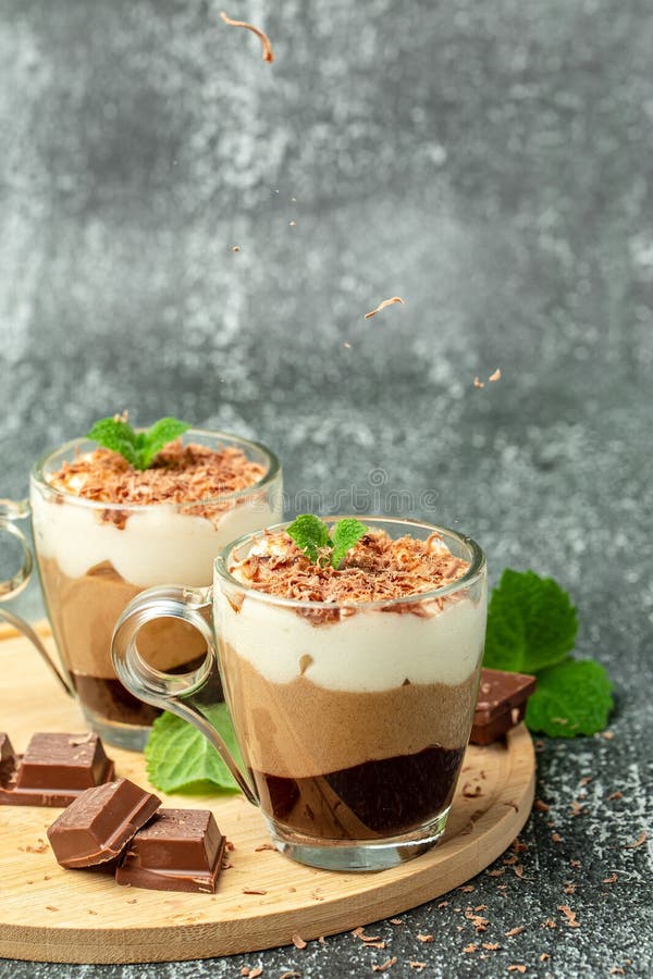 Dessert Three Chocolates with Mint on a Light Background. Layered ...