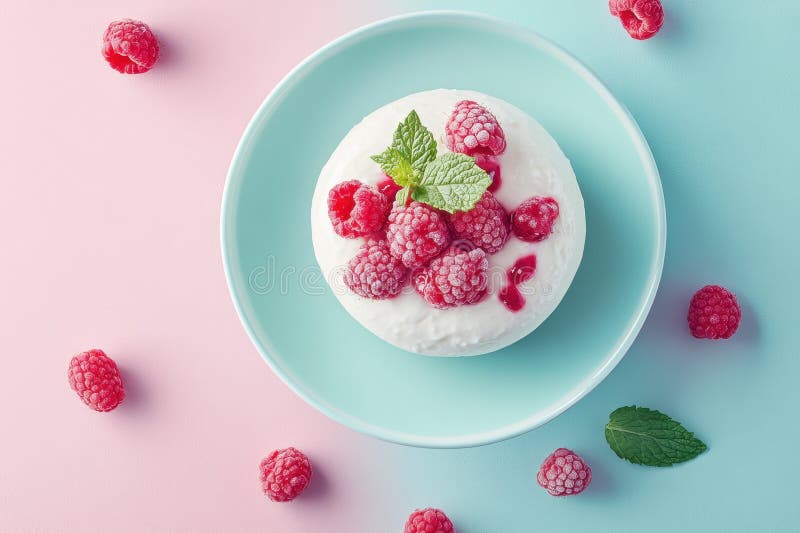 A Dessert Topped with Raspberries and Mint on a Pastel-colored Plate ...