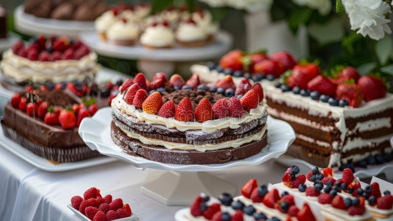 Dessert Trays Filled with Cakes and Berries Stock Photo - Image of ...
