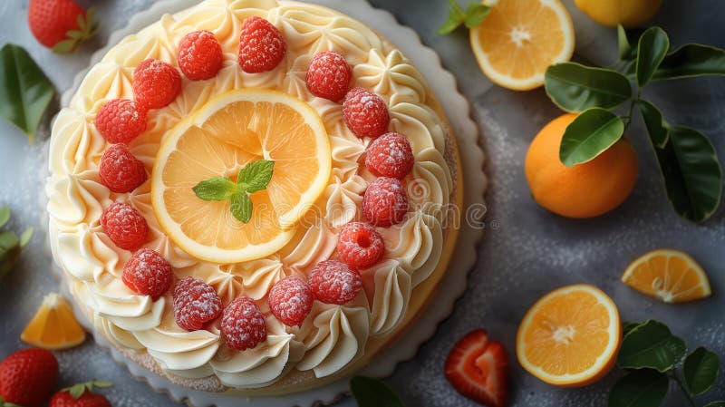 Dessert Vanilla Citrus Cake in a Plate Stock Illustration ...