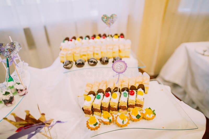 Dessert Wedding Reception. Delicious Pieces Of Cakes On The Table With ...