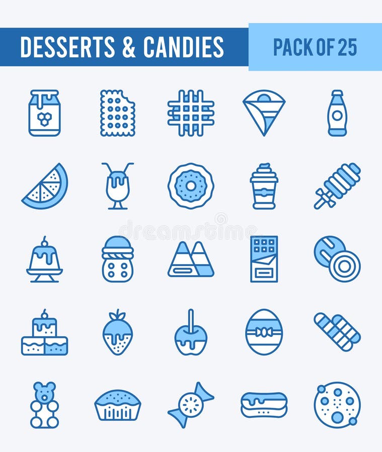 25 Desserts and Candies. Two Color Icons Pack. Vector Illustration ...