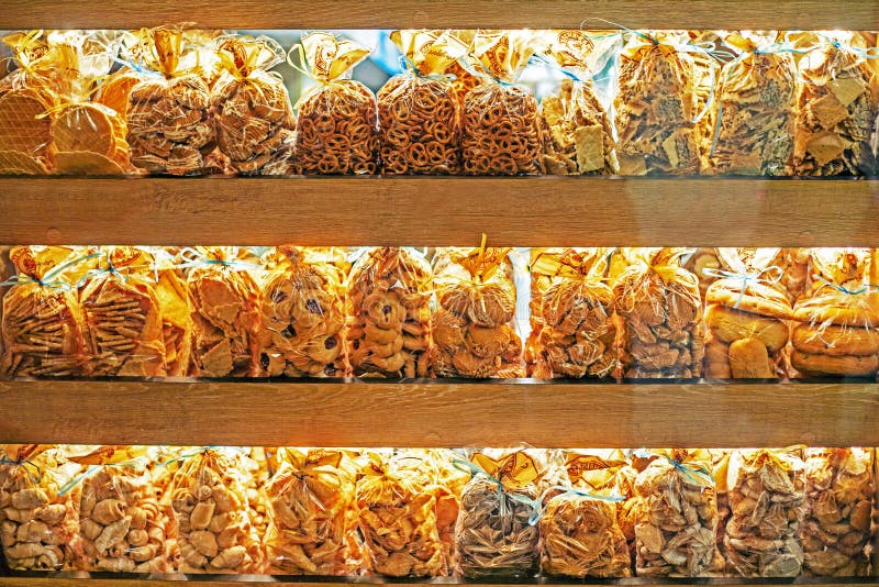 Desserts and Other Grain Products Packed in Polyethylene on the Counter Stock Image - Image of ...