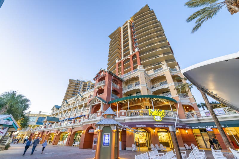 DESTIN, FLORIDA - FEBRUARY 2016: Destin Harbor Boardwalk at Sunset with ...